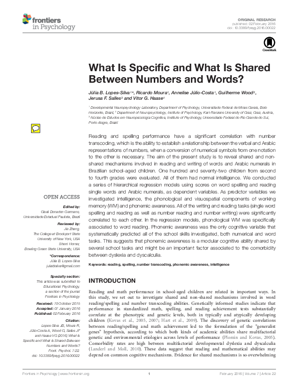 (PDF) What Is Specific and What Is Shared Between Numbers and Words