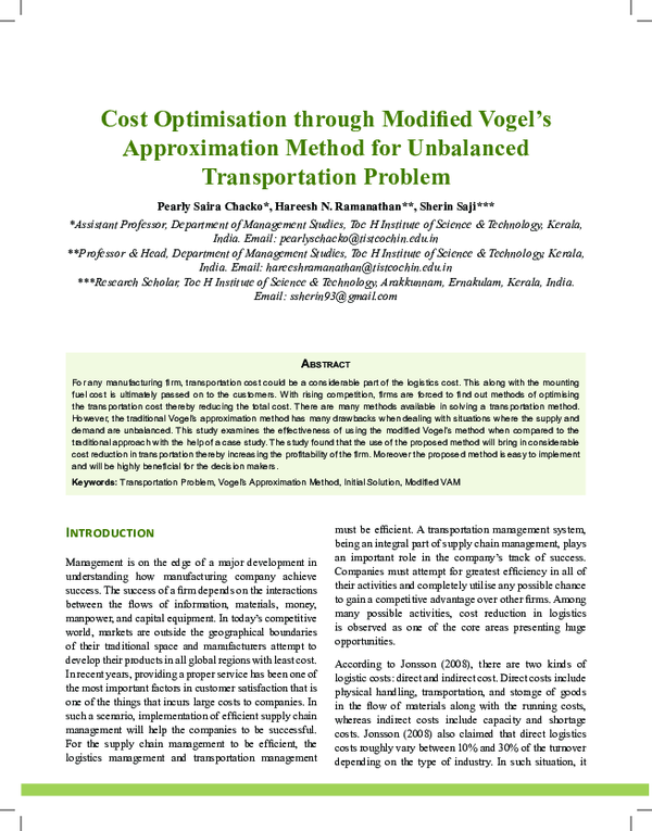 Pdf Cost Optimisation Through Modified Vogels Approximation Method