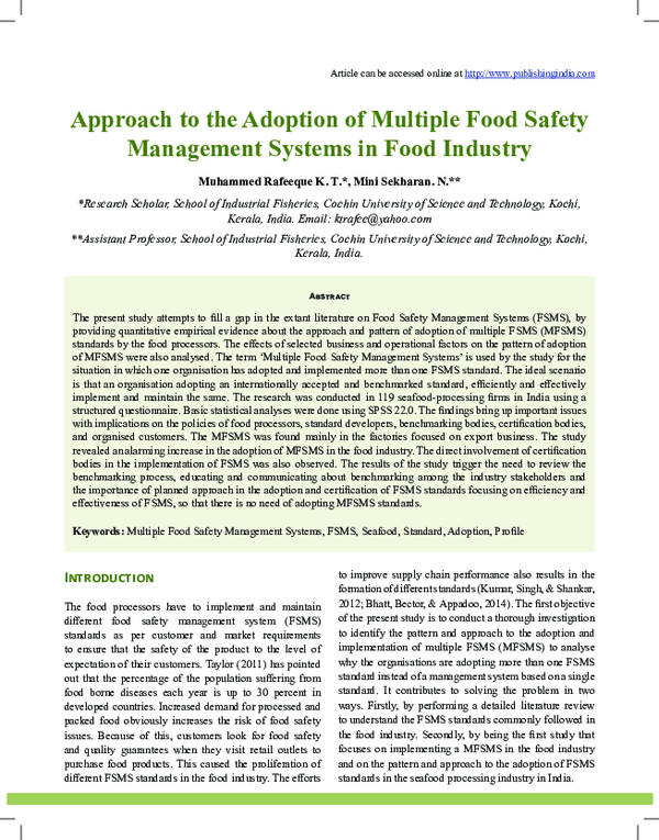 (PDF) Approach to the Adoption of Multiple Food Safety Management ...