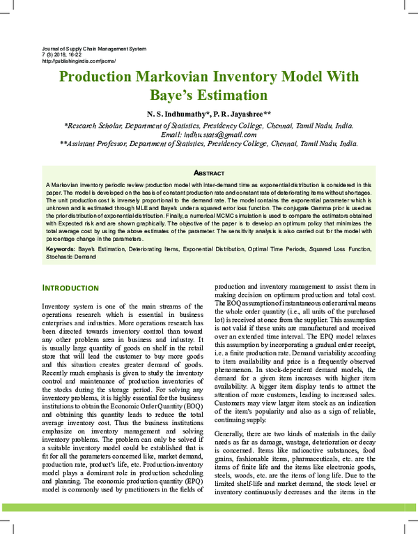 (PDF) Production Markovian Inventory Model With Baye's Estimation