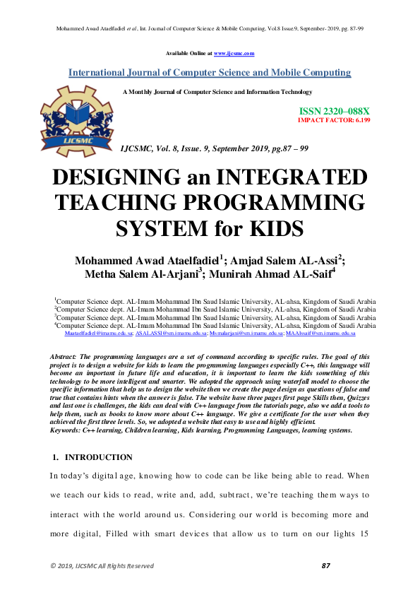 (PDF) DESIGNING an INTEGRATED TEACHING PROGRAMMING SYSTEM for KIDS﻿