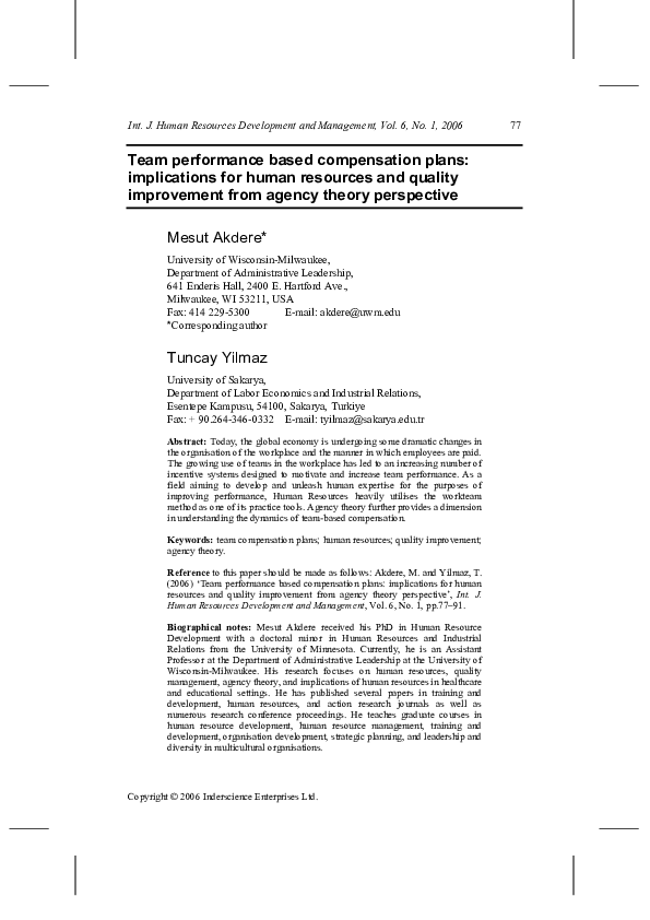 (PDF) Team performance based compensation plans: implications for human resources and quality ...