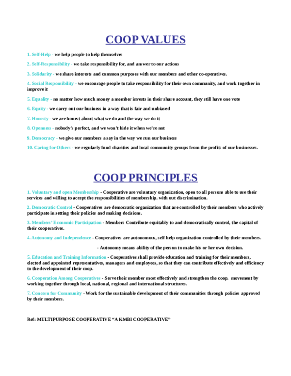 COOP VALUES 1. Self-Help -we help people to help themselves 2. Self ...