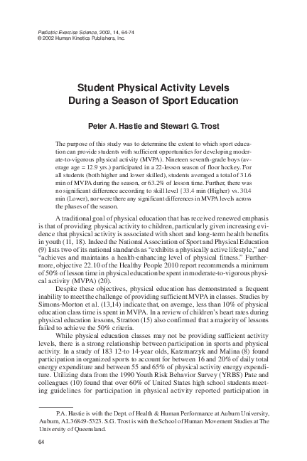 (PDF) Student Physical Activity Levels During a Season of Sport Education