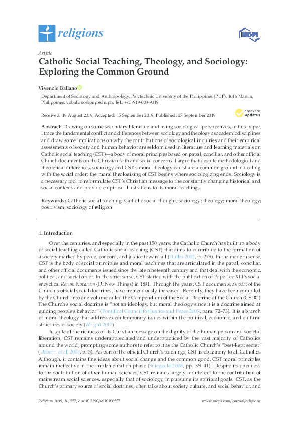 (PDF) Catholic Social Teaching, Theology, and Sociology: Exploring the ...