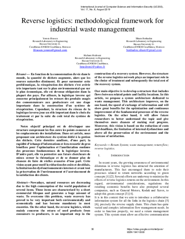 (PDF) Reverse logistics: methodological framework for industrial waste management