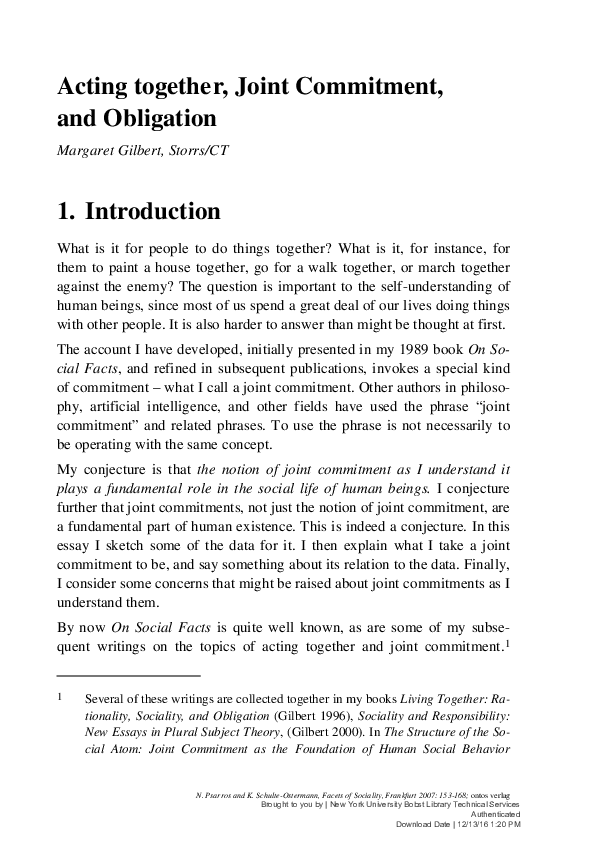 (PDF) Acting Together, Joint Commitment, and Obligation