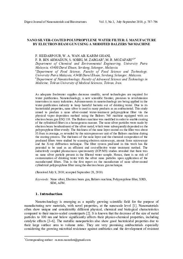 (PDF) NANO SILVER-COATED POLYPROPYLENE WATER FILTER: I. MANUFACTURE BY ...