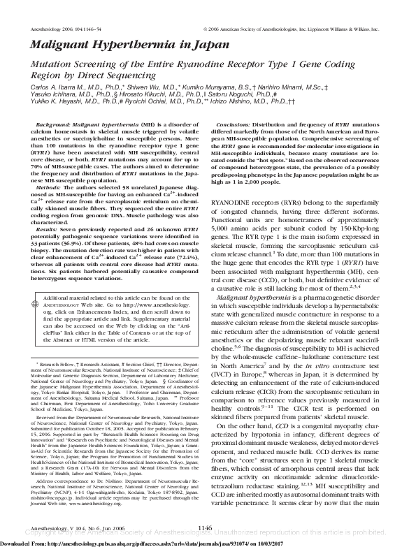 (PDF) Malignant Hyperthermia in Japan Mutation Screening of the Entire Ryanodine Receptor Type 1 ...