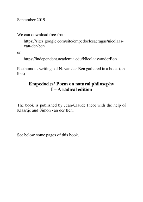 (PDF) Empedocles - Posthumous writings of Nicolaas van der Ben