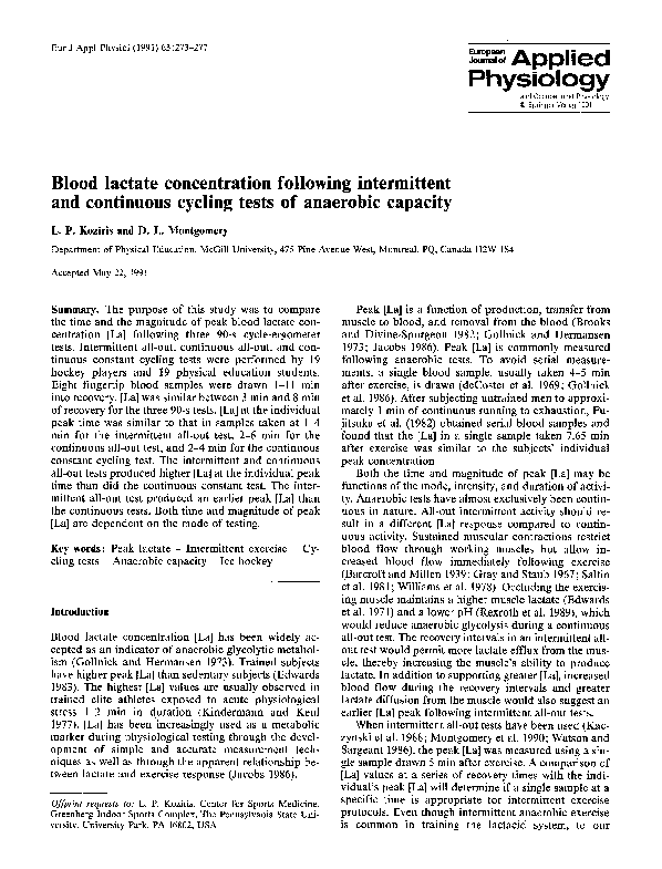 (PDF) Blood lactate concentration following intermittent and continuous ...