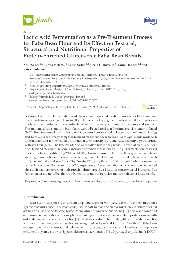 (PDF) Lactic Acid Fermentation as a Pre-Treatment Process for Faba Bean Flour and Its Effect on ...