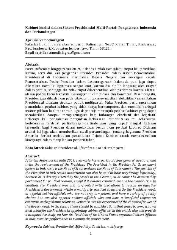 (DOC) Kabinet koalisi dalam Sistem Presidensial Multi-Partai ...