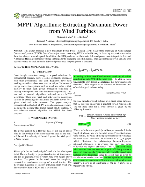 Pdf Mppt Algorithms Extracting Maximum Power From Wind Turbines