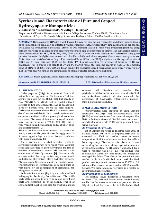 (PDF) Synthesis and Characterization of Pure and Capped Hydroxyapatite ...