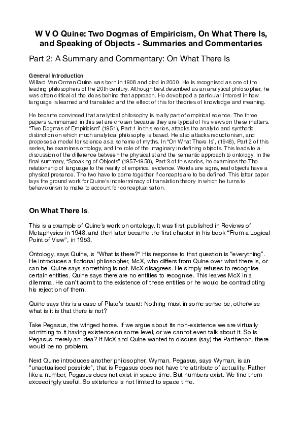 (PDF) W V O Quine: Two Dogmas of Empiricism, On What There Is, and ...