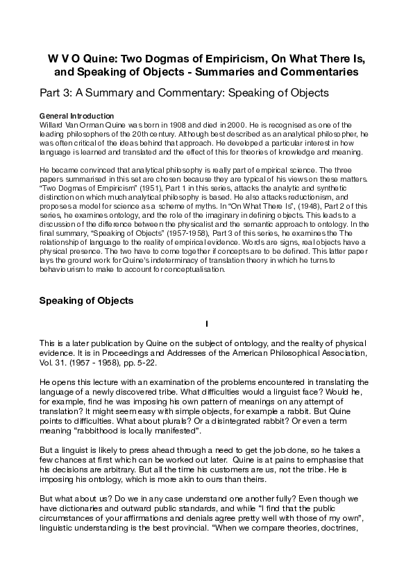 (PDF) W V O Quine: Two Dogmas of Empiricism, On What There Is, and ...