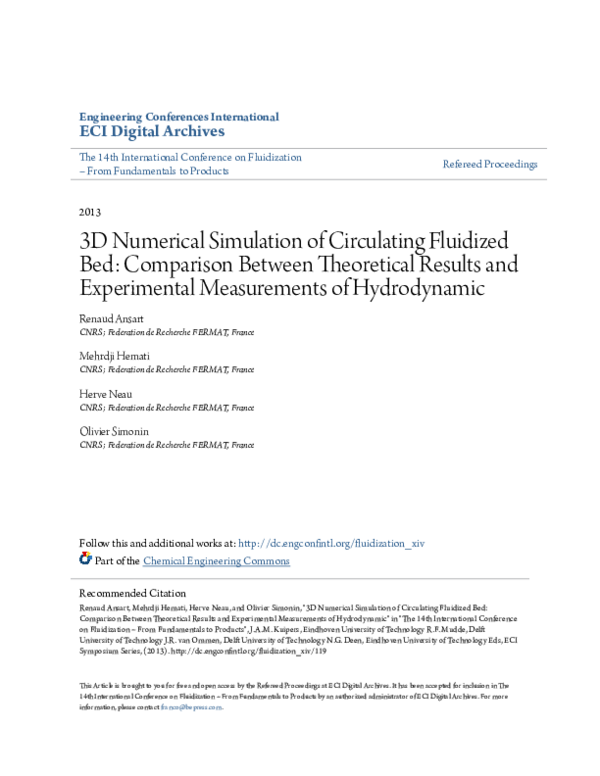 Pdf 3d Numerical Simulation Of Circulating Fluidized Bed Comparison
