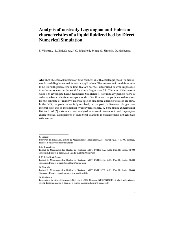 (PDF) Analysis of Unsteady Lagrangian and Eulerian Characteristics of a Liquid Fluidized Bed by ...