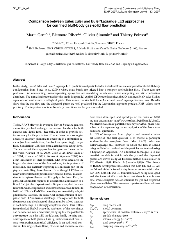 (PDF) Comparison between Euler/Euler and Euler/Lagrange LES approaches for confined bluff-body ...