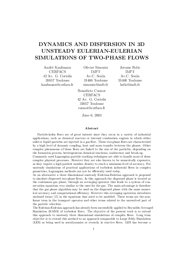 (PDF) Dynamics and dispersion in 3D unsteady Eulerian–Eulerian simulations of twophase flows