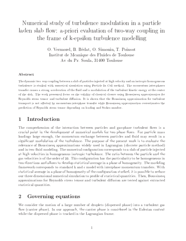 (PDF) Numerical study of turbulence modulation in a particle laden slab flow: a-priori ...