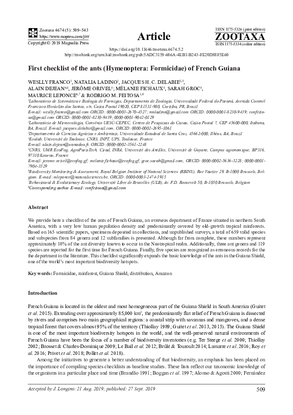 (PDF) First checklist of the ants (Hymenoptera: Formicidae) of French Guiana