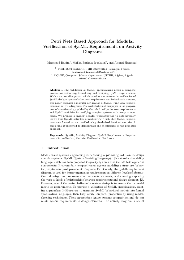 (PDF) Petri Nets Based Approach for Modular Verification of SysML Requirements on Activity Diagrams