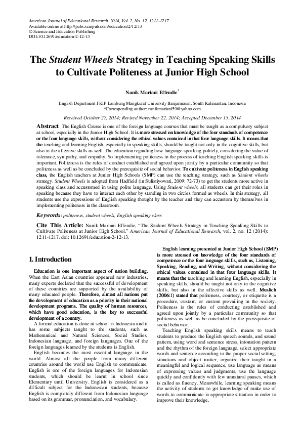 (PDF) The Student Wheels Strategy in Teaching Speaking Skills to ...