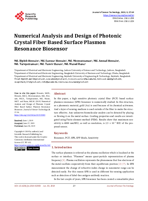 (PDF) Numerical Analysis and Design of Photonic Crystal Fiber Based Surface Plasmon Resonance ...