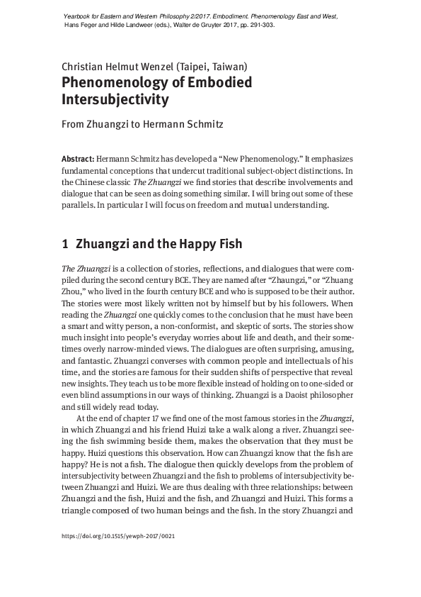 (PDF) Phenomenology of Embodied Intersubjectivity. From Zhuangzi to Schmitz