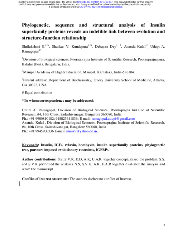 (PDF) Phylogenetic, sequence and structural analysis of Insulin superfamily proteins reveals an ...