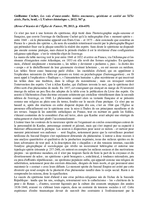 (PDF) Guillaume Cuchet, Les voix d'outre-tombe. Tables tournantes ...