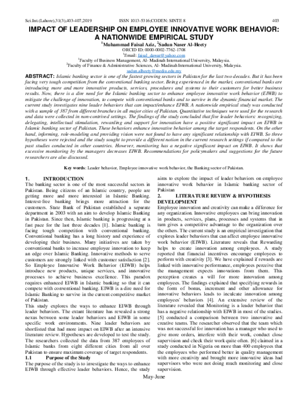 (PDF) IMPACT OF LEADERSHIP ON EMPLOYEE INNOVATIVE WORK BEHAVIOR: A NATIONWIDE EMPIRICAL STUDY