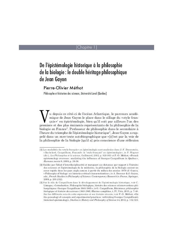 (PDF) De l'épistémologie historique à la philosophie de la biologie: le ...