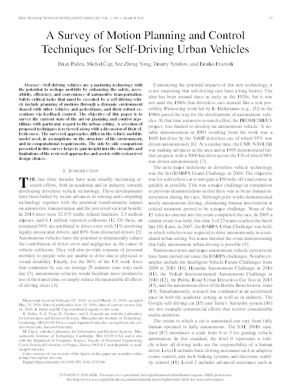 (PDF) A Survey of Motion Planning and Control Techniques for Self ...