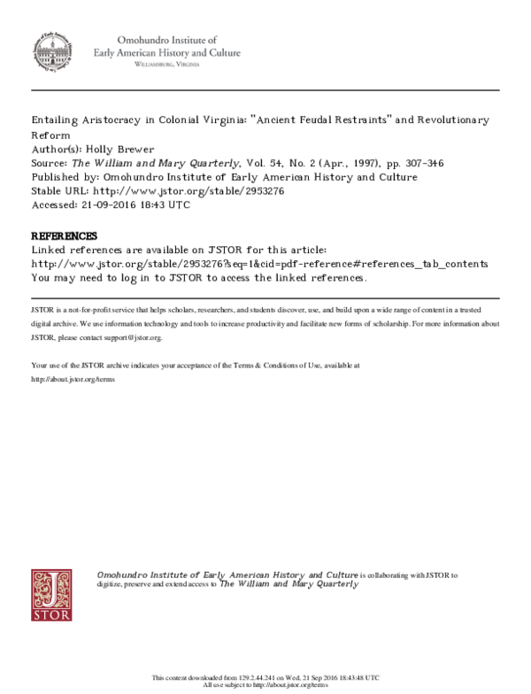 (PDF) Entailing Aristocracy in Colonial Virginia: "Ancient Feudal ...