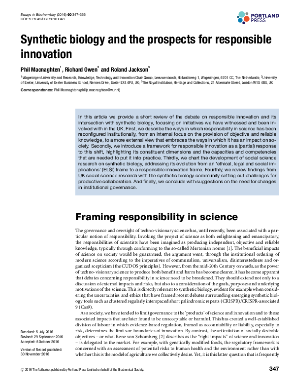 (PDF) Synthetic biology and the prospects for responsible innovation ...