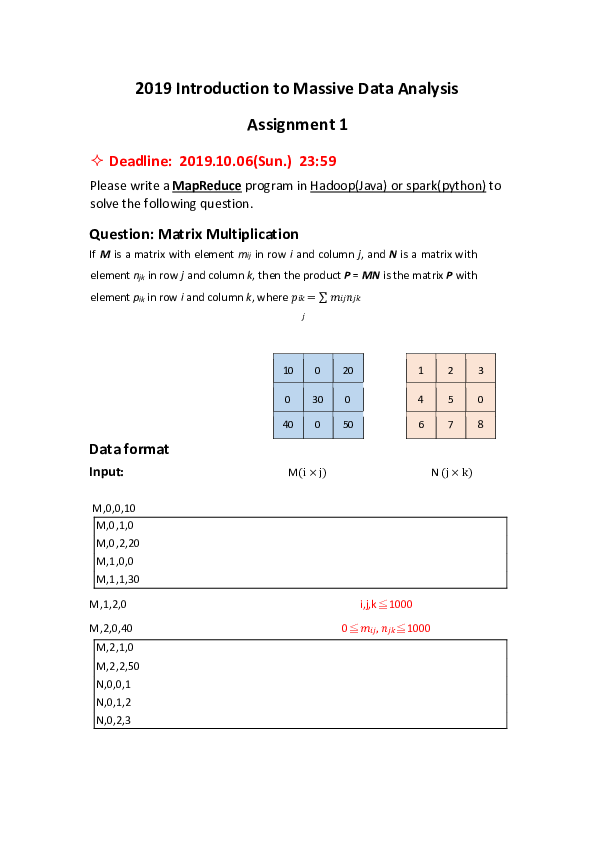 (PDF) 2019 Introduction to Massive Data Analysis Assignment 1 Question: Matrix Multiplication