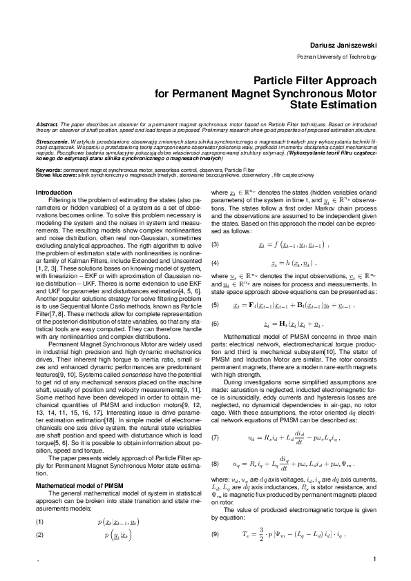 Pdf Particle Filter Approach For Permanent Magnet Synchronous Motor State Estimation