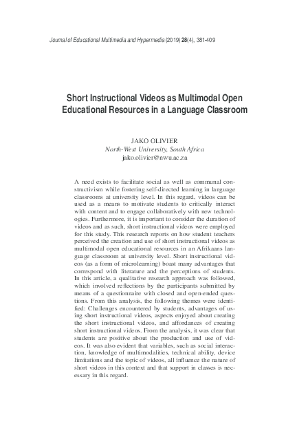 (PDF) Short Instructional Videos as Multimodal Open Educational ...