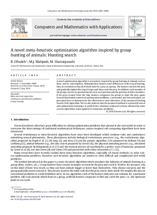 Pdf Computers And Mathematics With Applications A Novel Meta Heuristic Optimization Algorithm