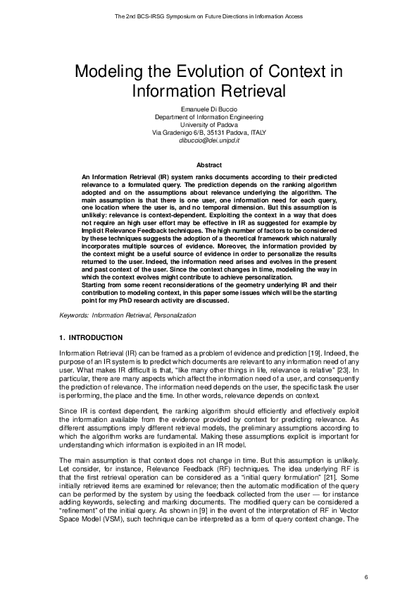 Pdf Modeling The Evolution Of Context In Information Retrieval