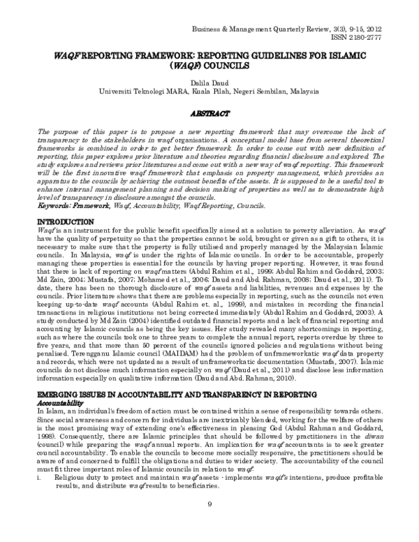 (PDF) WAQF REPORTING FRAMEWORK: REPORTING GUIDELINES FOR ISLAMIC (WAQF) COUNCILS