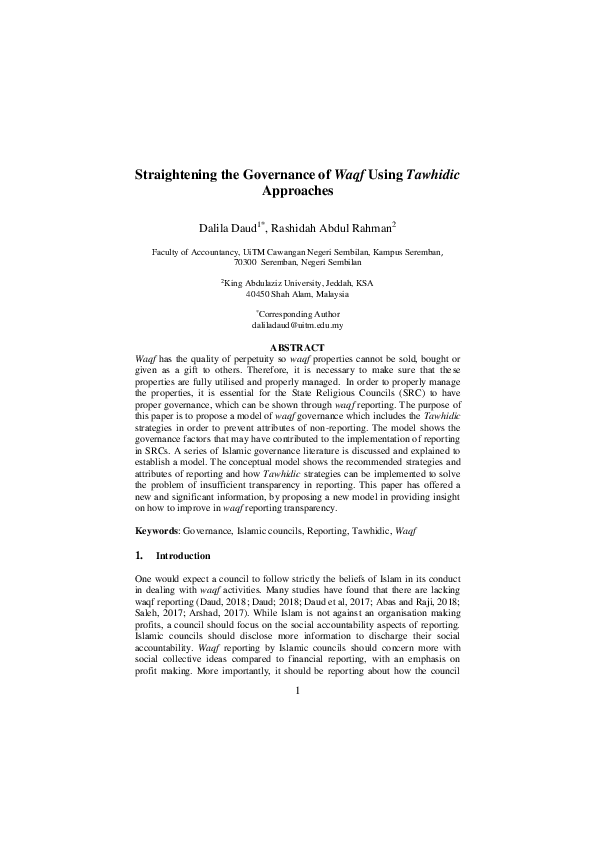 (PDF) Tawhidic Governance Model for Waqf Reporting