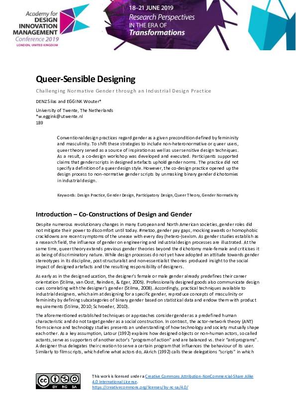 (PDF) Queer-Sensible Designing: Challenging Normative Gender through an Industrial Design Practice