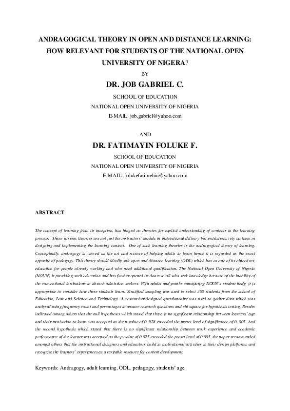 (DOC) ANDRAGOGICAL THEORY IN OPEN AND DISTANCE LEARNING