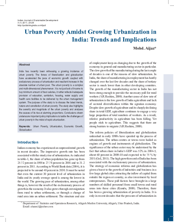 (PDF) Urban Poverty Amidst Growing Urbanization in India: Trends and Implications