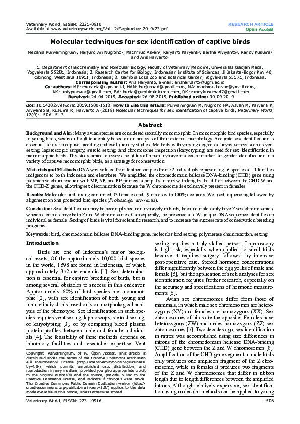Pdf Molecular Techniques For Sex Identification Of Captive Birds