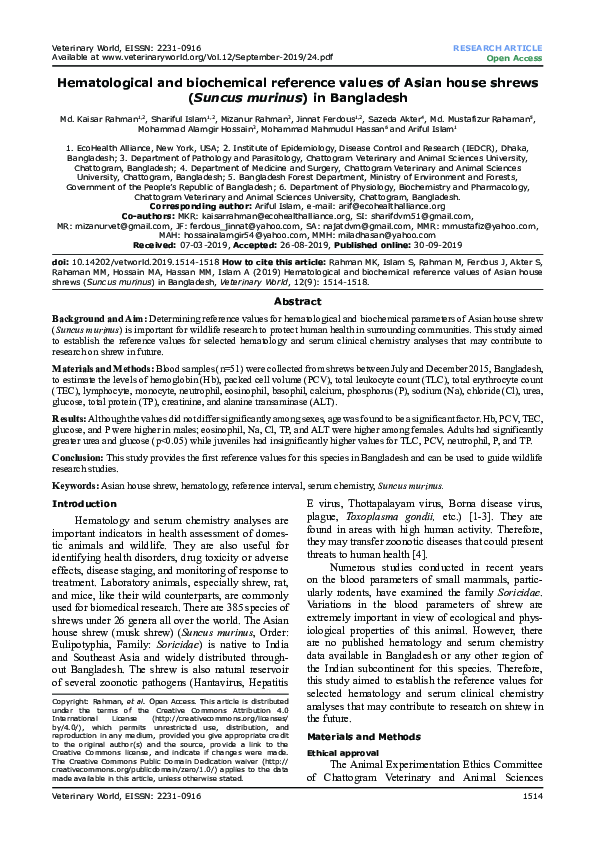 (PDF) Hematological and biochemical reference values of Asian house ...